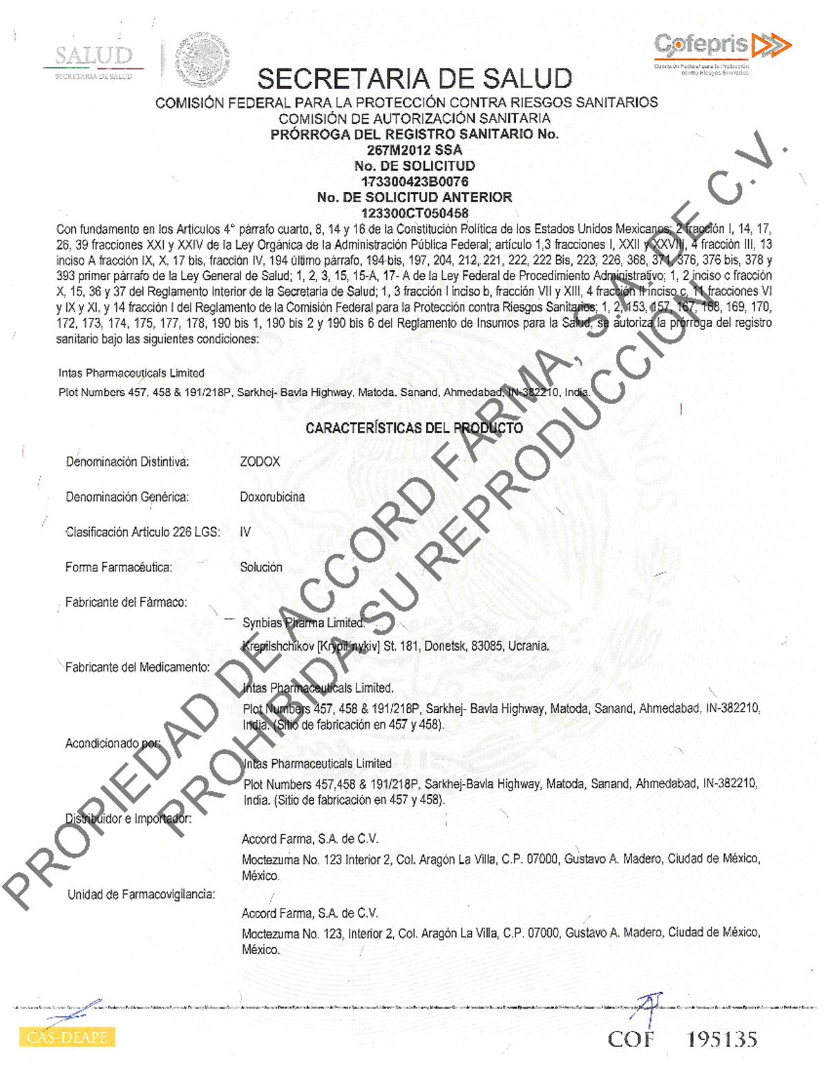 Registro - Zodox ( Doxorubicina) - Biología En La Salud - PROPIEDAD DE ...