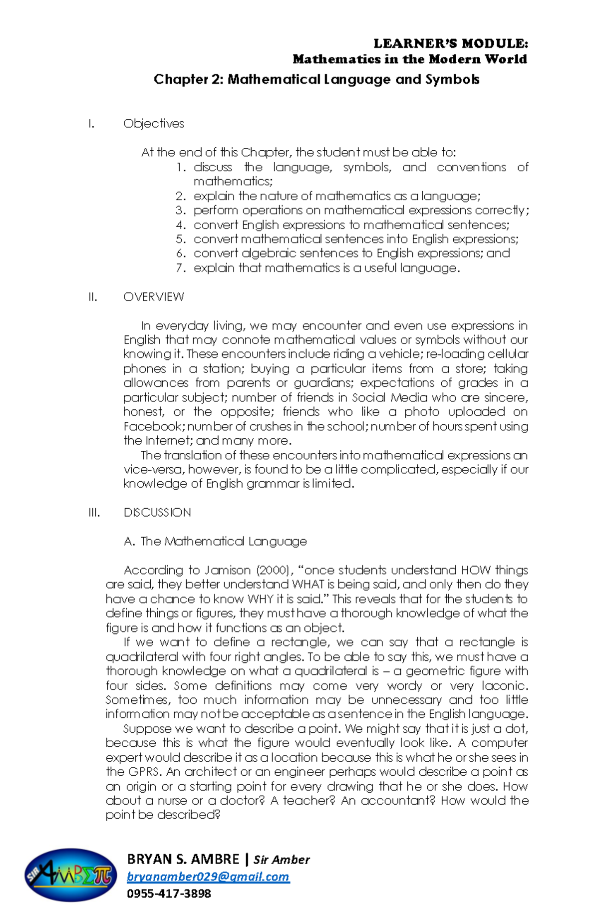 Module Chapter 2 - Lecture notes 3 - Mathematics in the Modern World ...