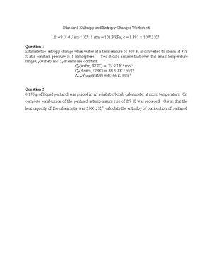 Standard Enthalpy and Energy Changes Worksheet - You should assume that ...