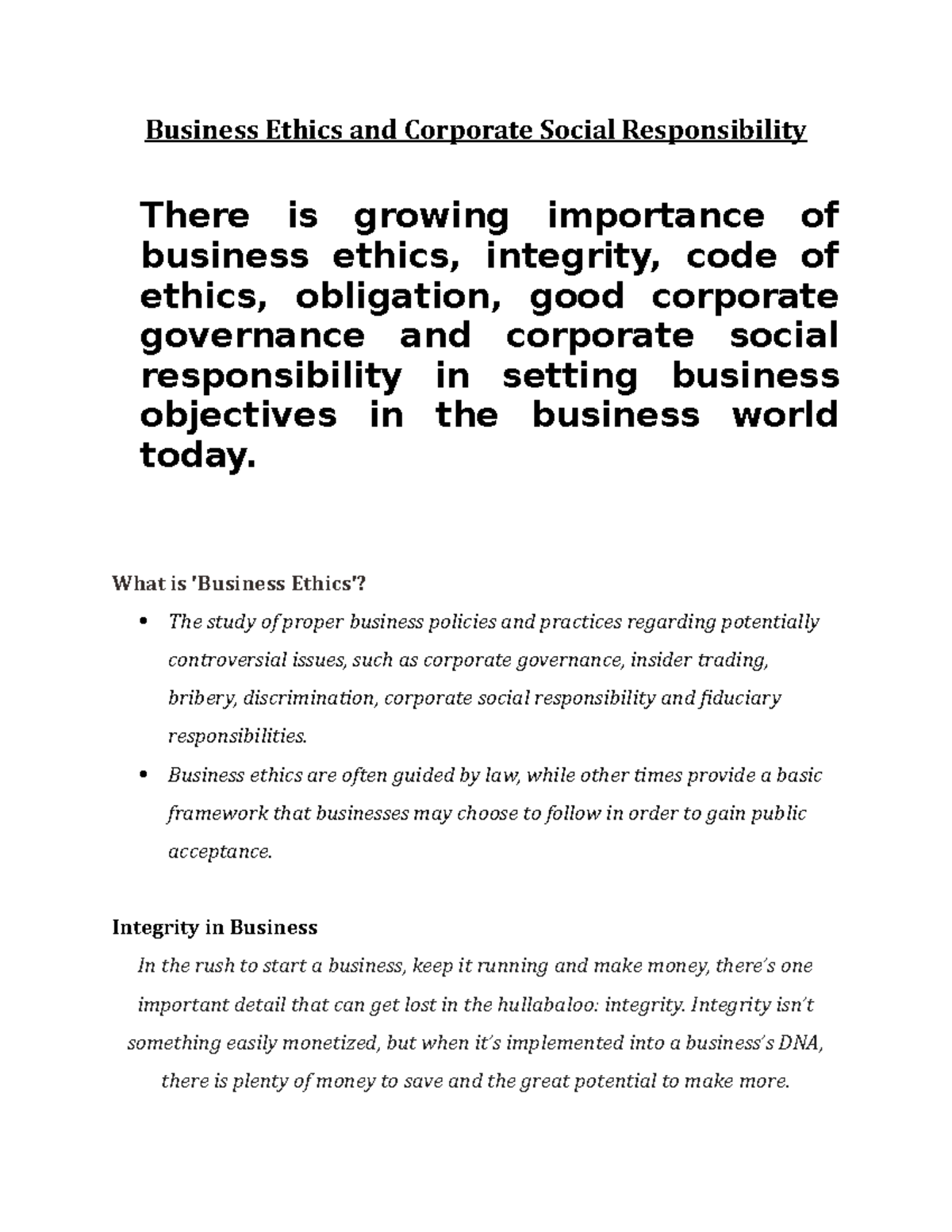 Business ethics and corporate social responsibility - Business Ethics ...
