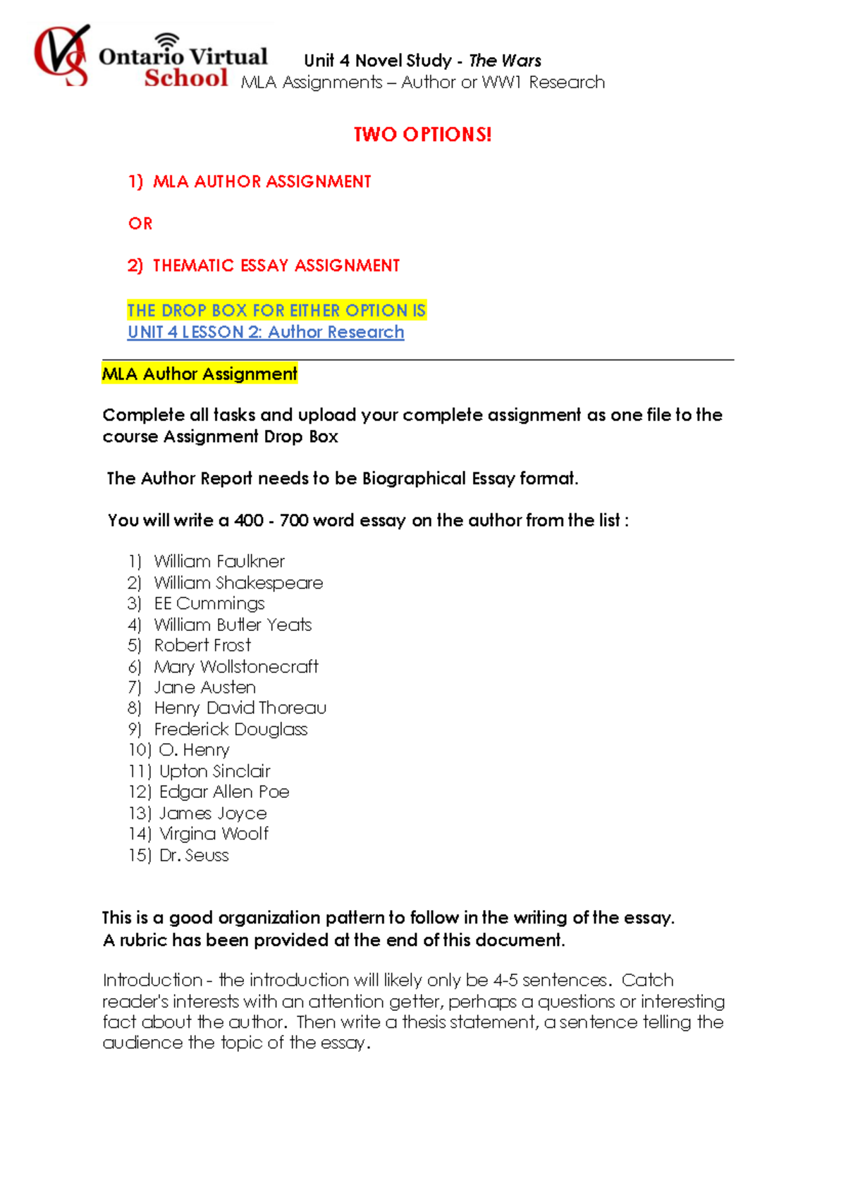 U4L2 Assignment - ENG4U - MLA AssignmentsUnit 4 Novel Study - – Author ...