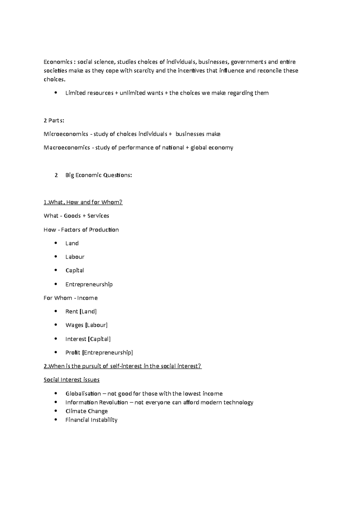 Chapter 1 : What is Economics Summary Notes - Economics : social ...