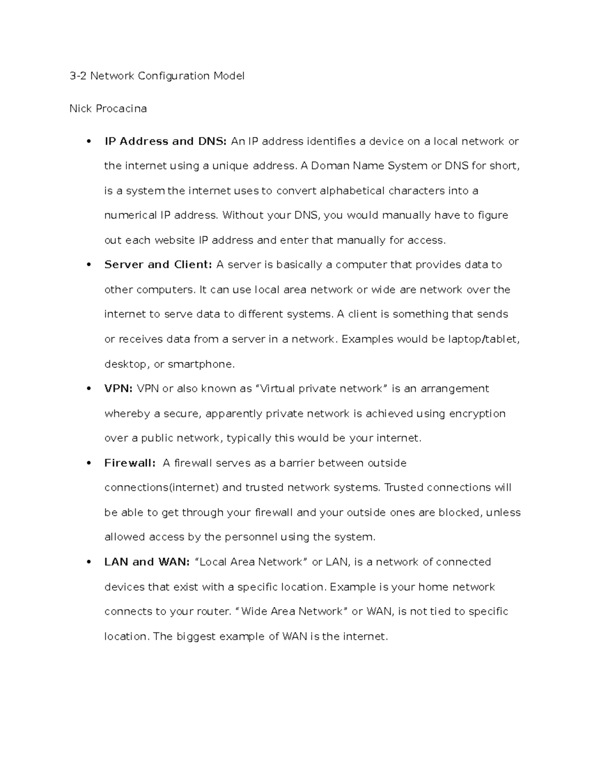 3-2 Config Definitions - 3-2 Network Configuration Model Nick Procacina IP Address and DNS: An ...