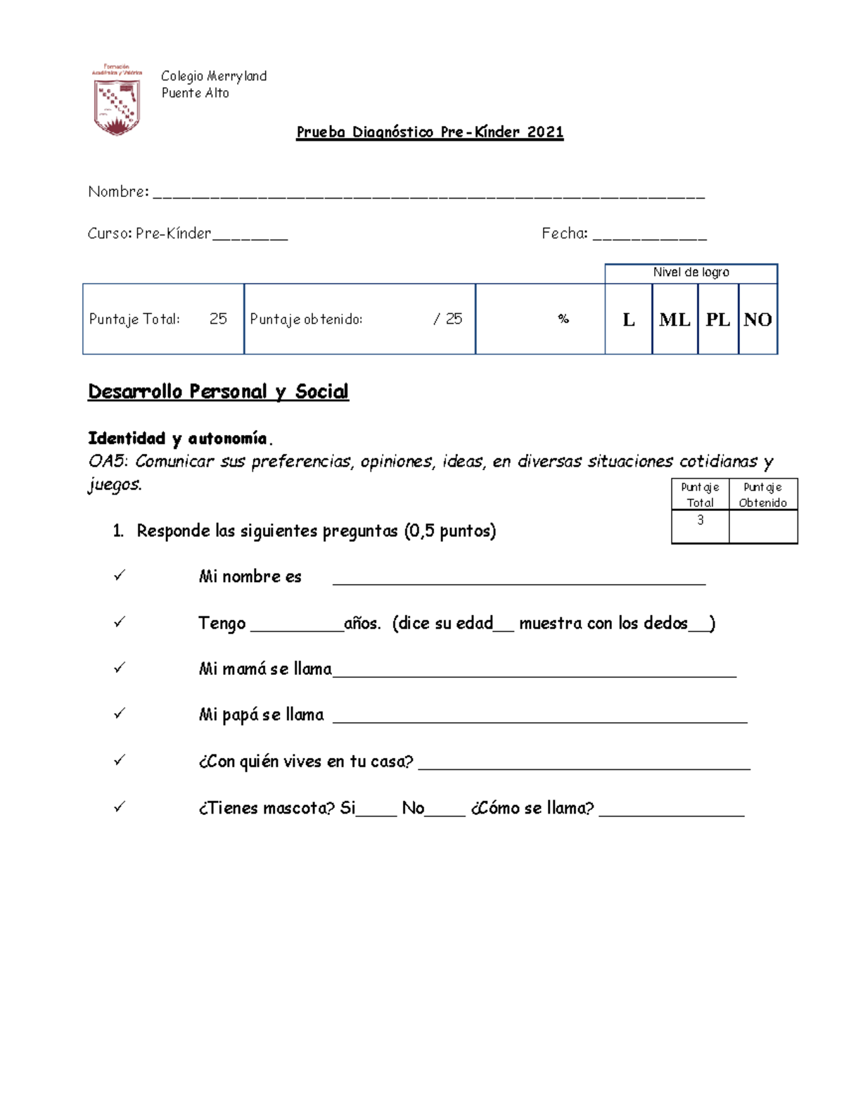Prueba Diagnostica Prekinder 2023 - ####### Colegio Merryland ...