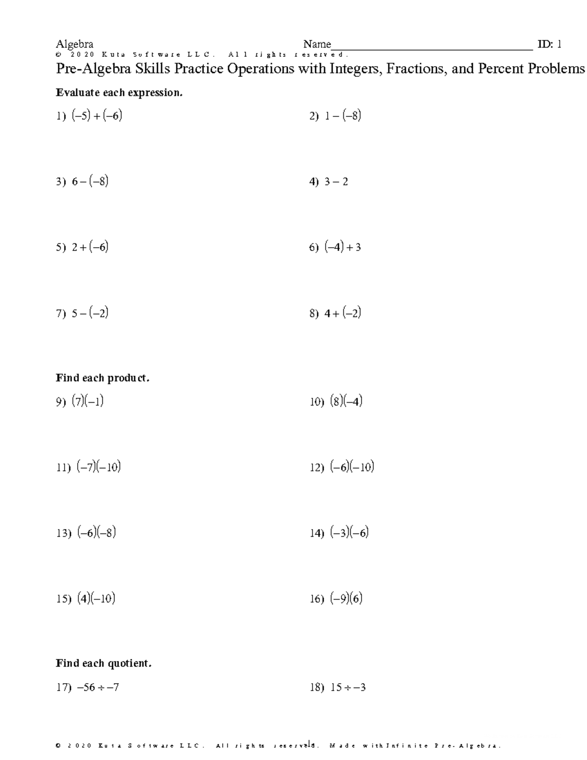 Algebra 9-4-2020 Pre-Algebra Skills Practice Operations with Integers ...