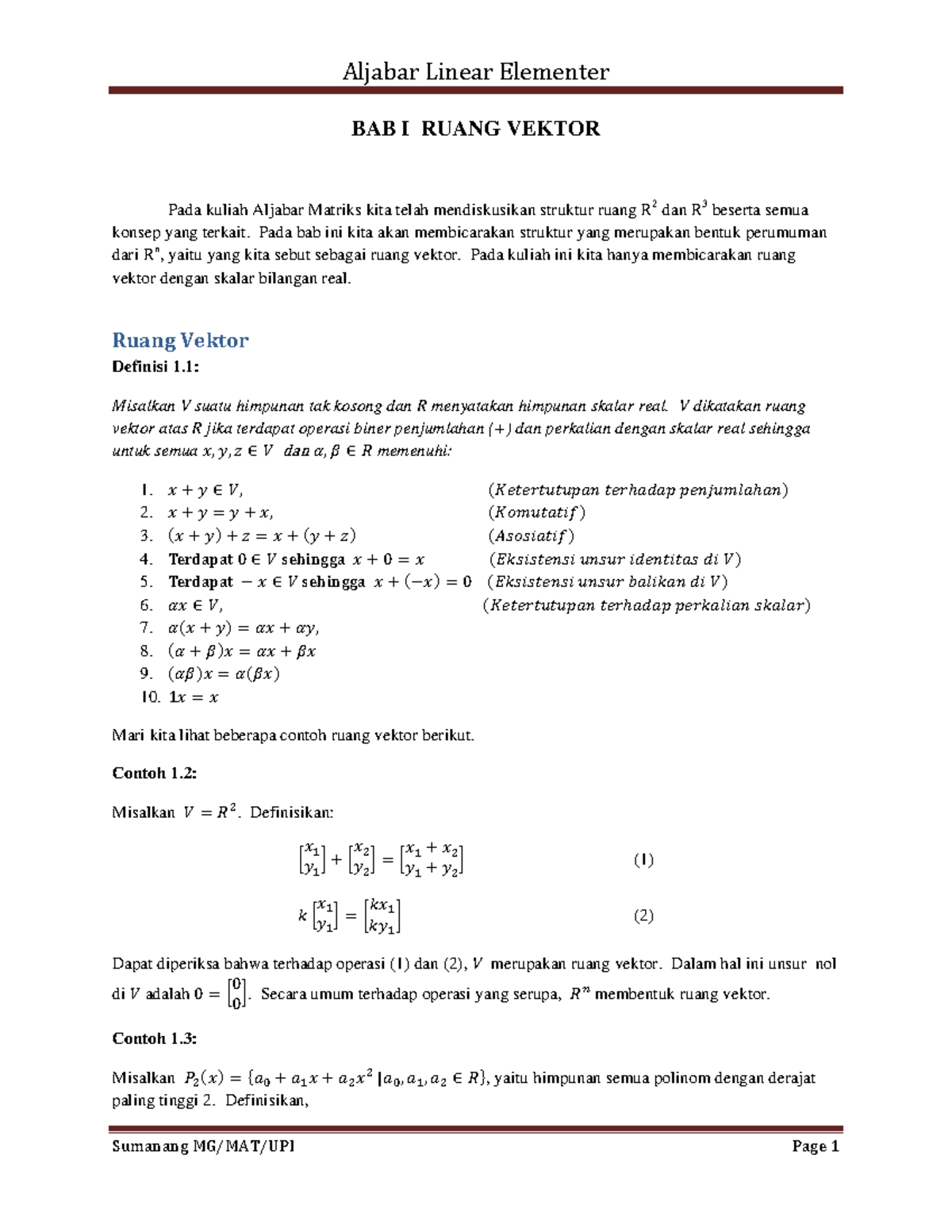 Aljabar Linear Elementer - BAB I RUANG VEKTOR Pada kuliah Aljabar ...