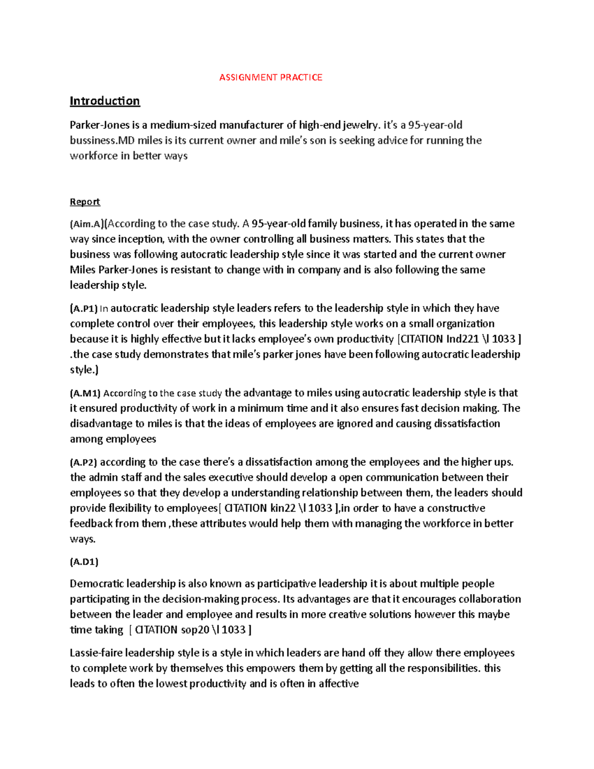 Assg - frfffffffff - ASSIGNMENT PRACTICE Introduction Parker-Jones is a ...