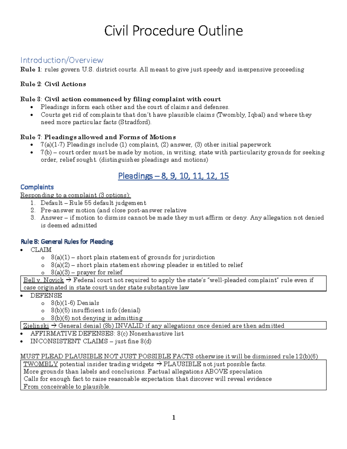 Civil Procedure Fall 2021 Long Outline - Civil Procedure Outline ...