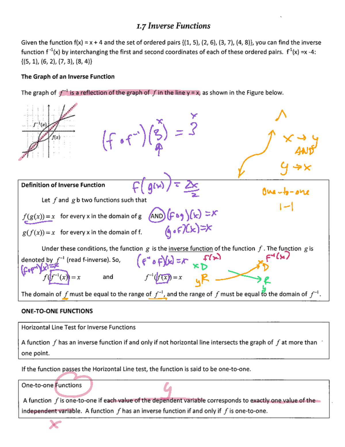 1.7 Notes - Inverse Functions Key - for f a INF ####### g x f gix one ...