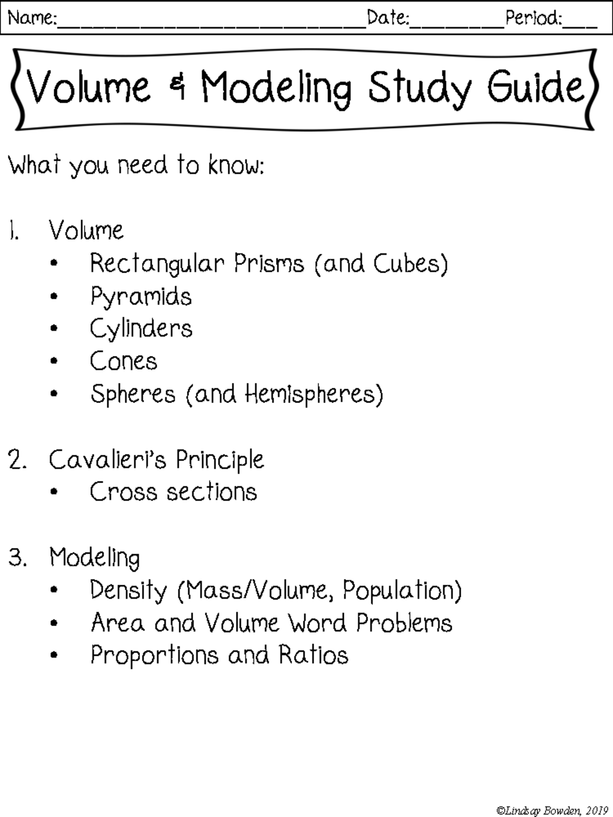 Volume & Modeling Study Guide - Name:__________________________Date ...