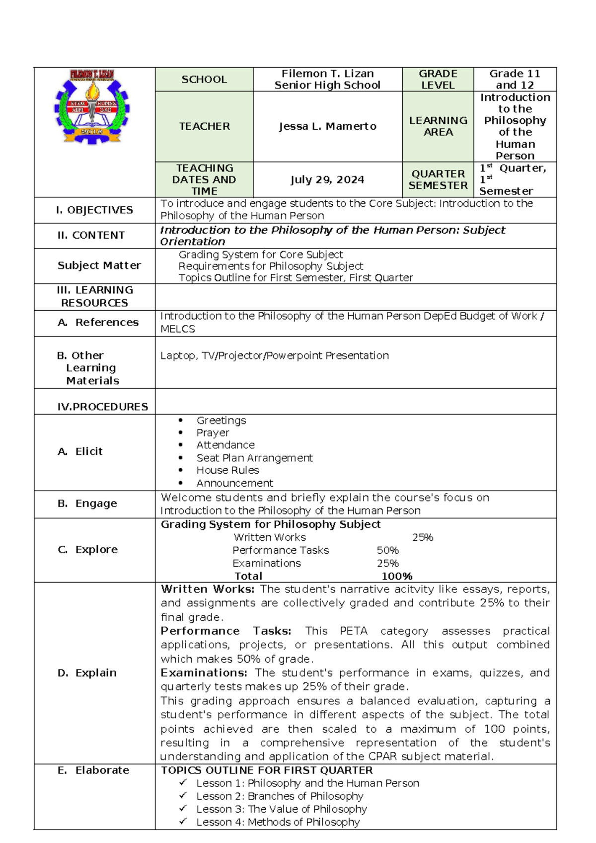 LP Philo Orientation - zzzz - SCHOOL Filemon T. Lizan Senior High ...