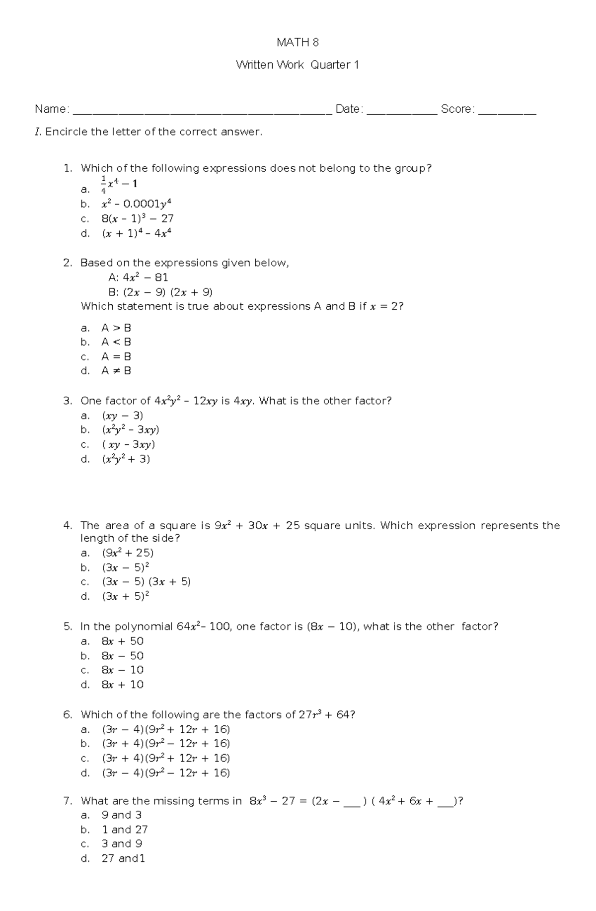 Math8 Q1 Summative Assessment - MATH 8 Written Work Quarter 1 Name ...