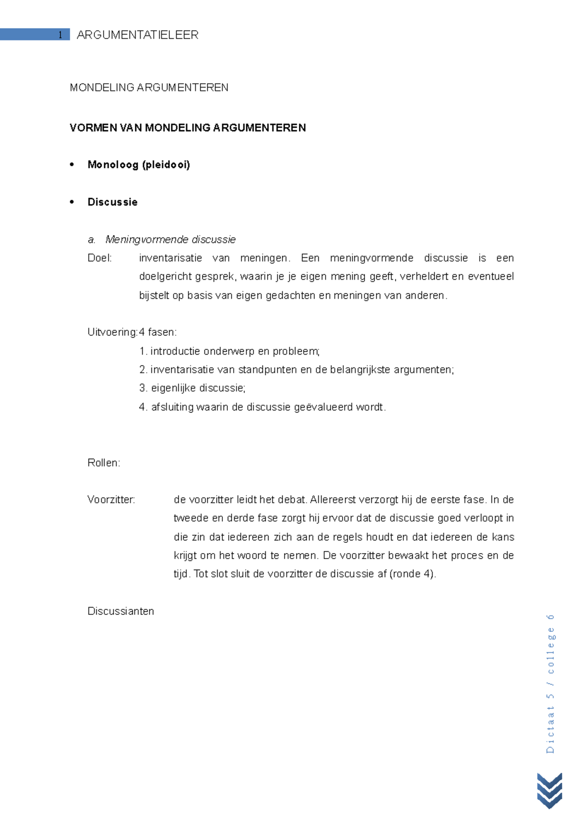 Monoloog- Discussie - Dictaat - MONDELING ARGUMENTEREN VORMEN VAN ...