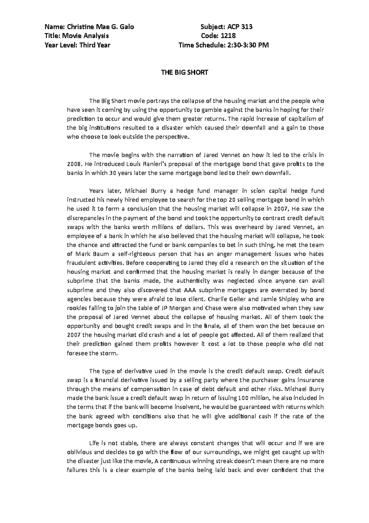 Bs - analysis about big short comprehensive - Name: Christine Mae G ...