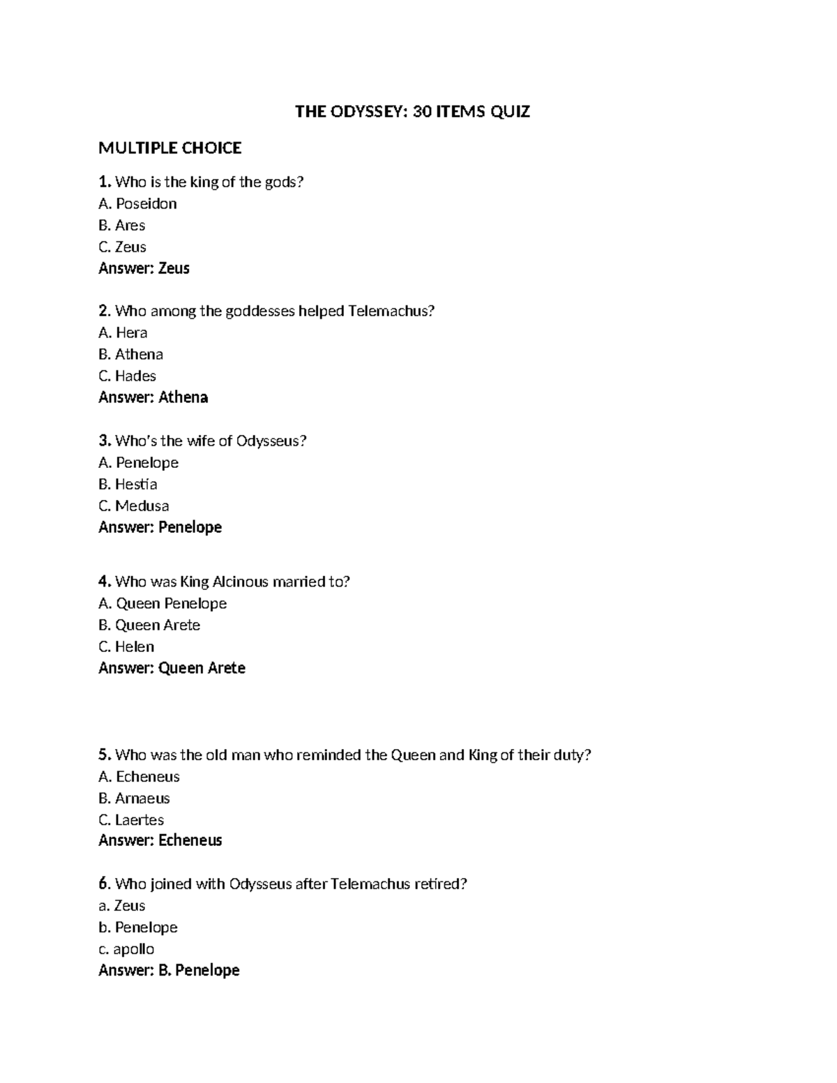 THE- Odyssey-QUIZ Homer Group-2 - THE ODYSSEY: 30 ITEMS QUIZ MULTIPLE ...