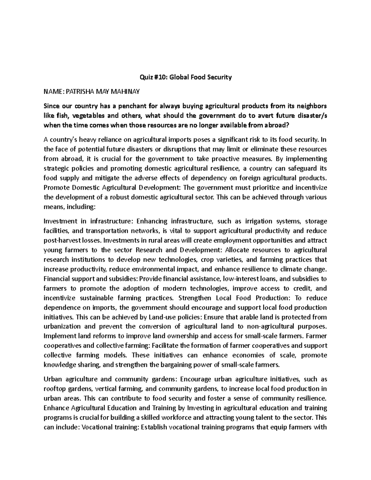 Quiz #10 - Global Food Security - Quiz #10: Global Food Security NAME ...