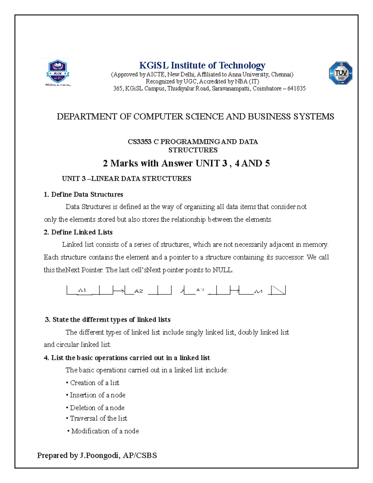 Two Marks Question Bank - Prepared by J, AP/CSBS KGiSL Institute of ...