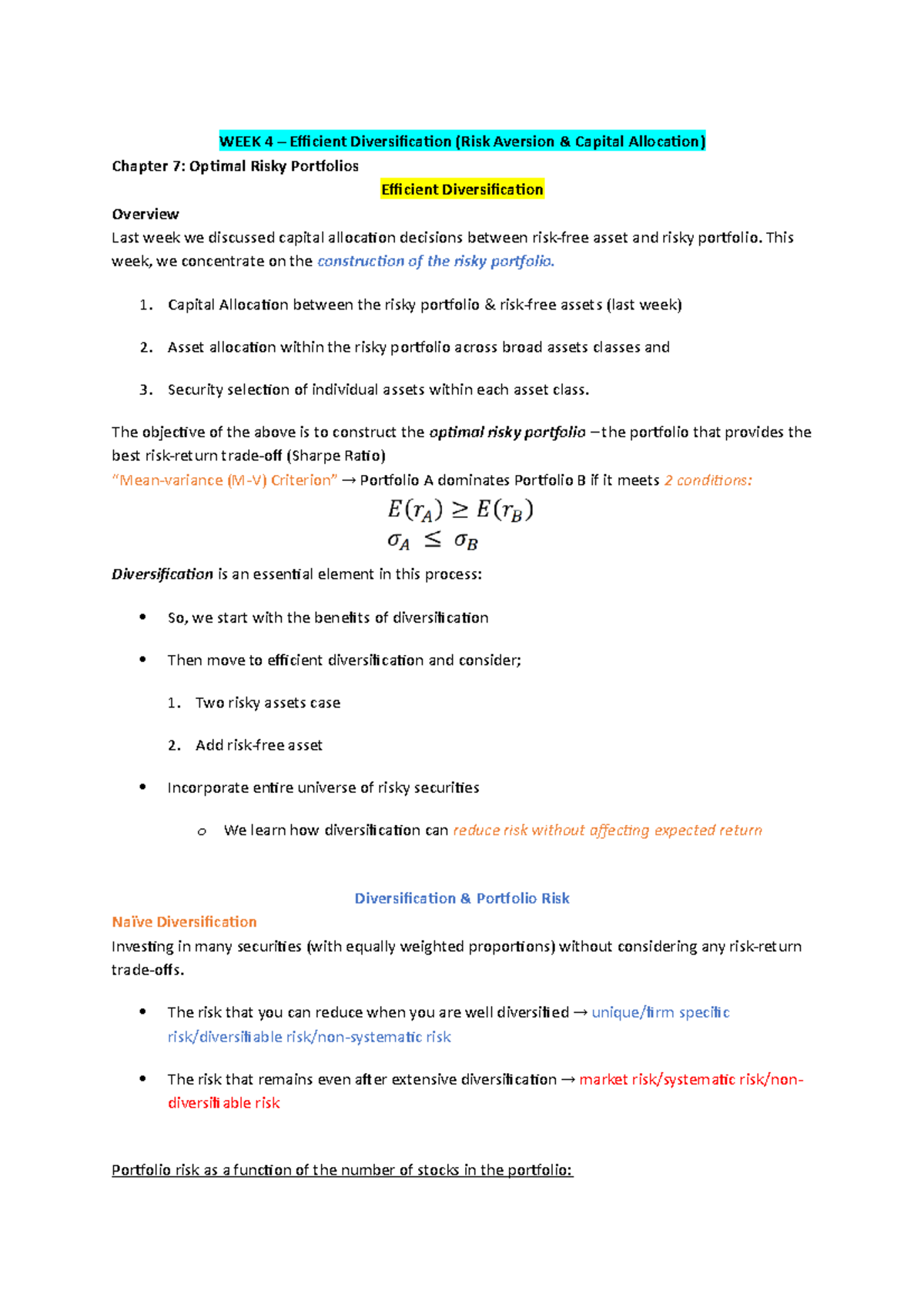 WEEK 4 - Efficient Diversification - WEEK 4 – Efficient Diversification (Risk Aversion & Capital ...