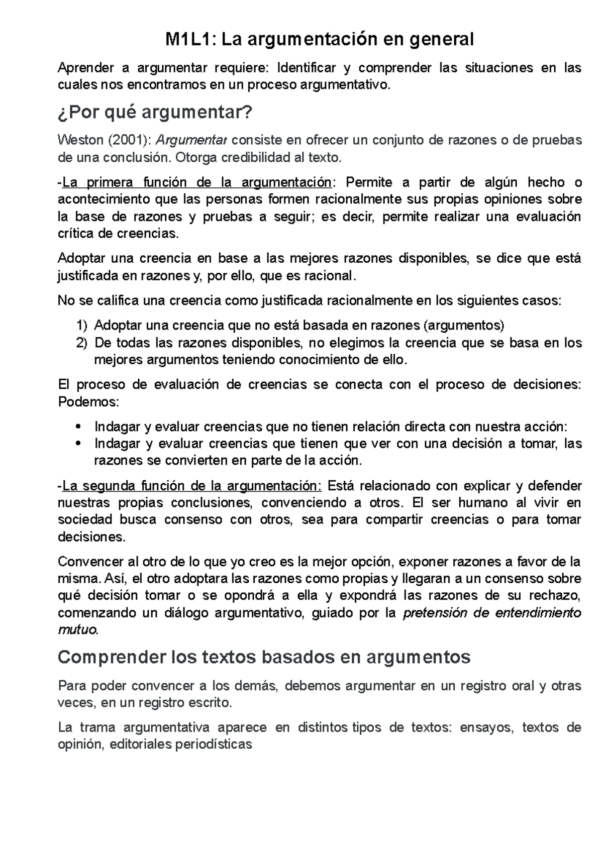Argumentar - resumen - M1L1: La argumentación en general Aprender a ...