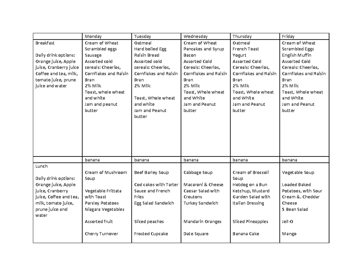 5day menu - uffffffffg - Monday Tuesday Wednesday Thursday Friday ...