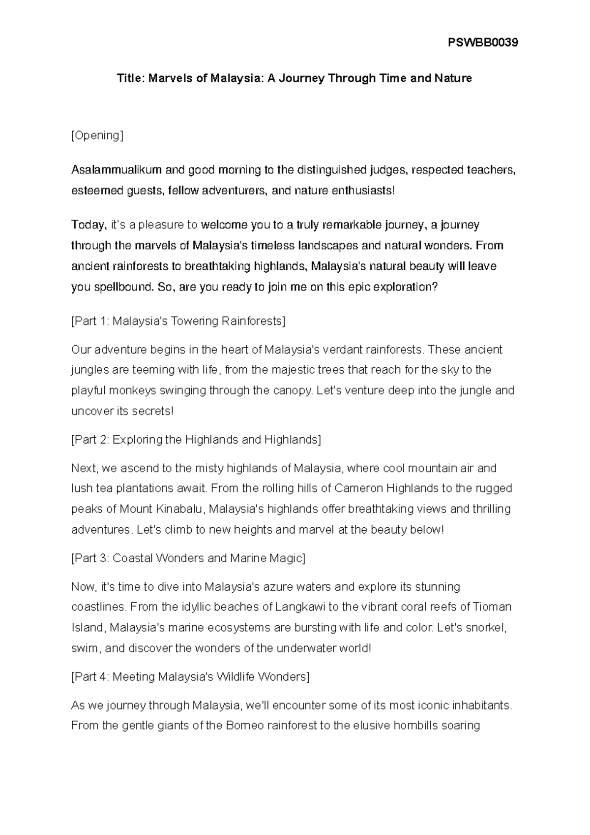 Public speaking script WBB0039 - PSWBB Title: Marvels of Malaysia: A ...