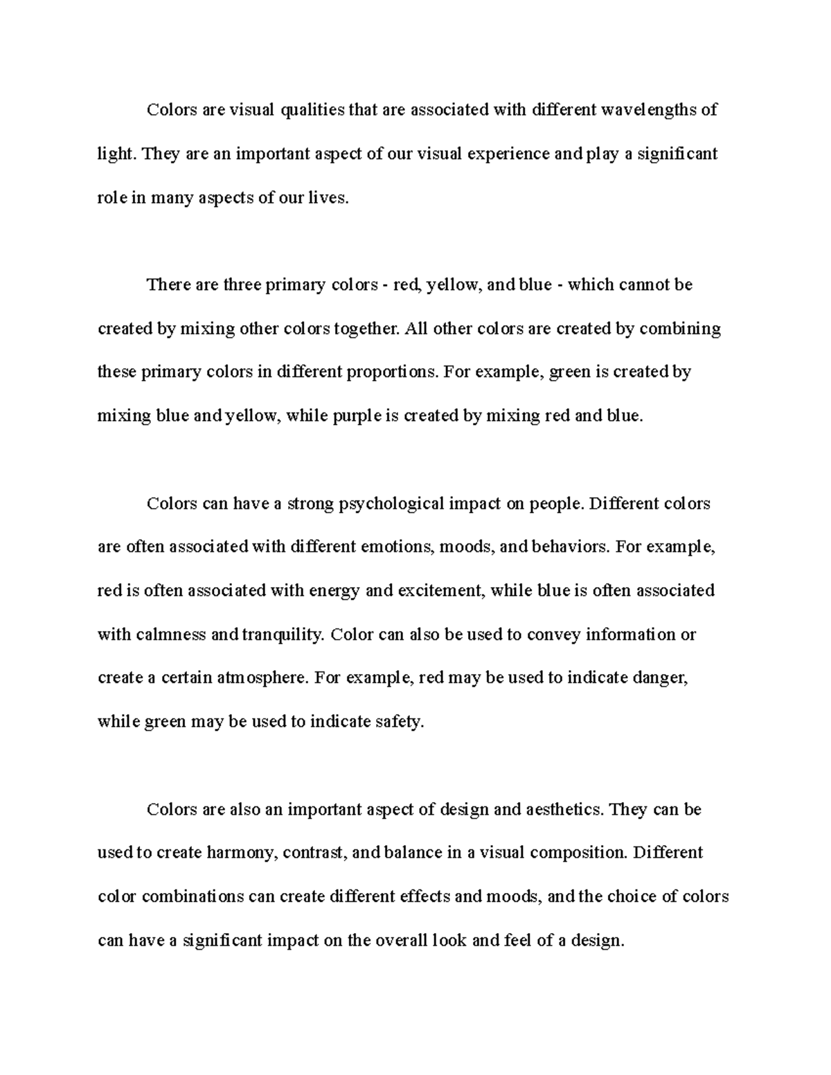 Colors Essay - Semester 1 - Colors are visual qualities that are ...