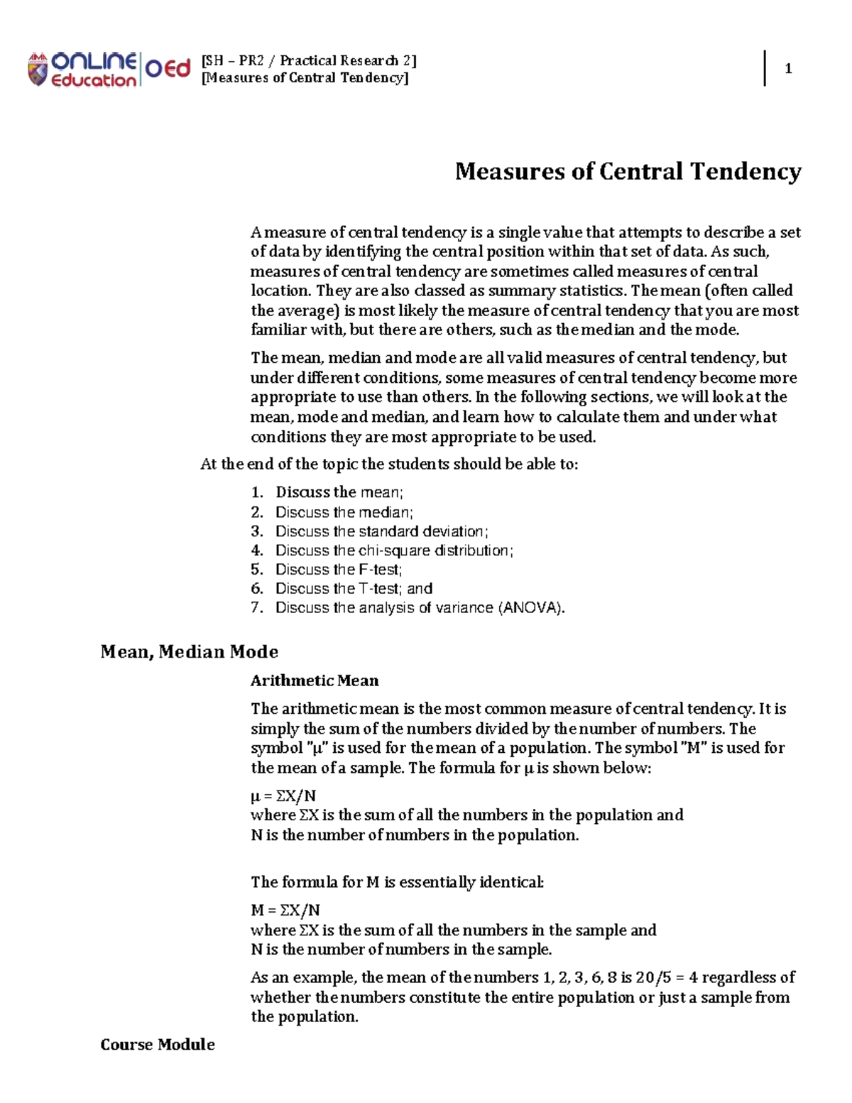 Week 017 Module Measures of Central Tendency - [SH – PR2 / Practical Research 2] [Measures of ...