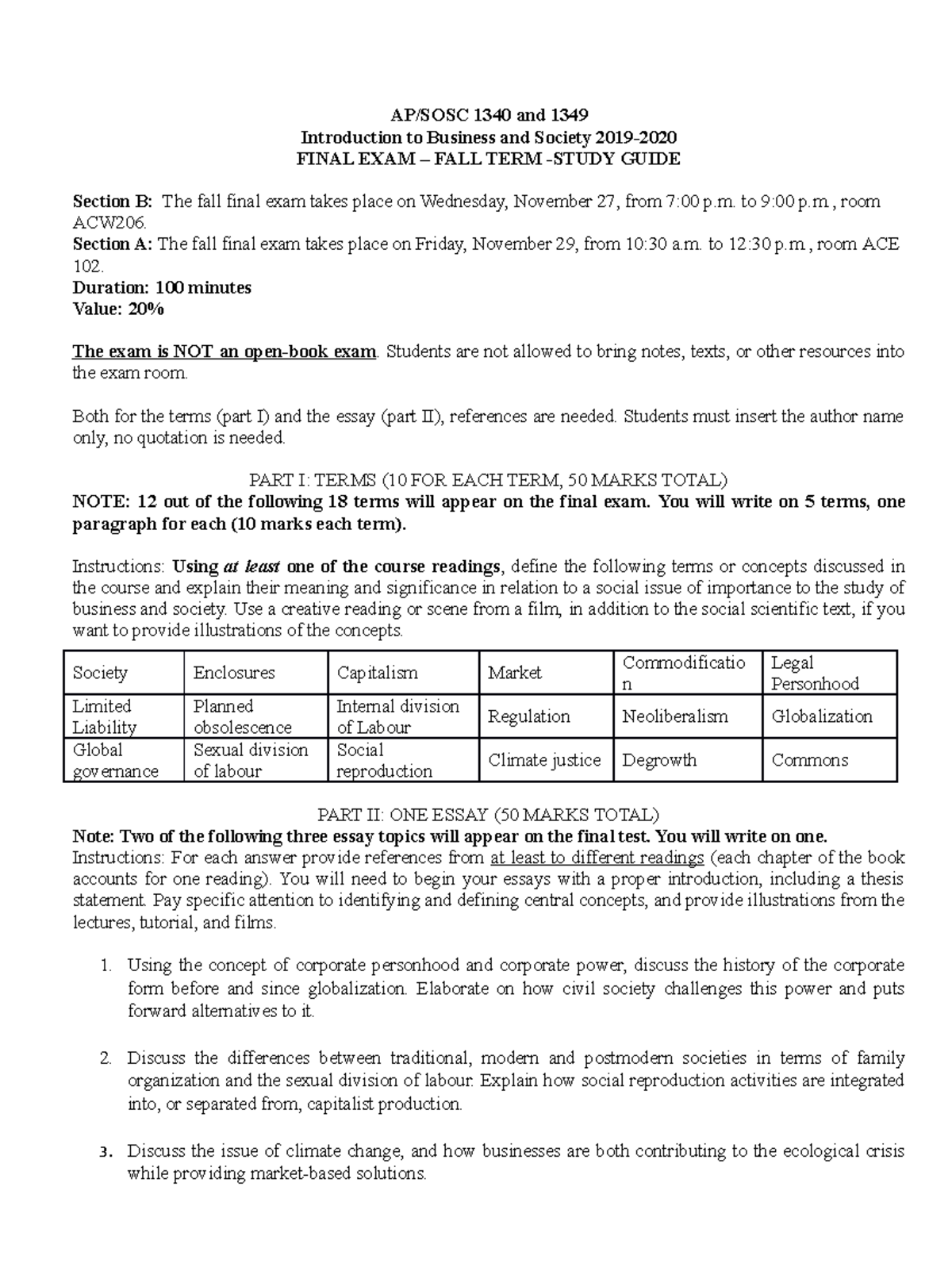 Fall. Final Exam Instructions and questions for students - AP/SOSC 1340 ...