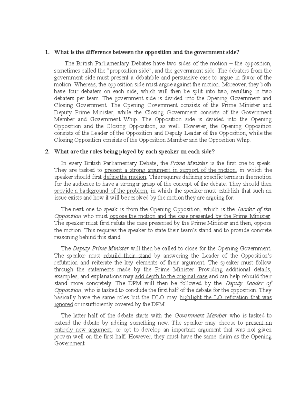 British Parliamentary Debate - 1. What is the difference between the ...