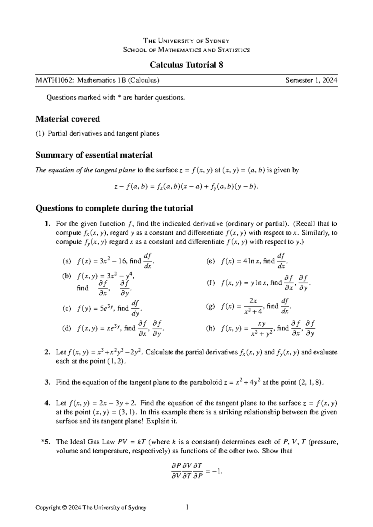 Calculus-tutorial-8 - tut8, wk9 - The University of Sydney School of ...