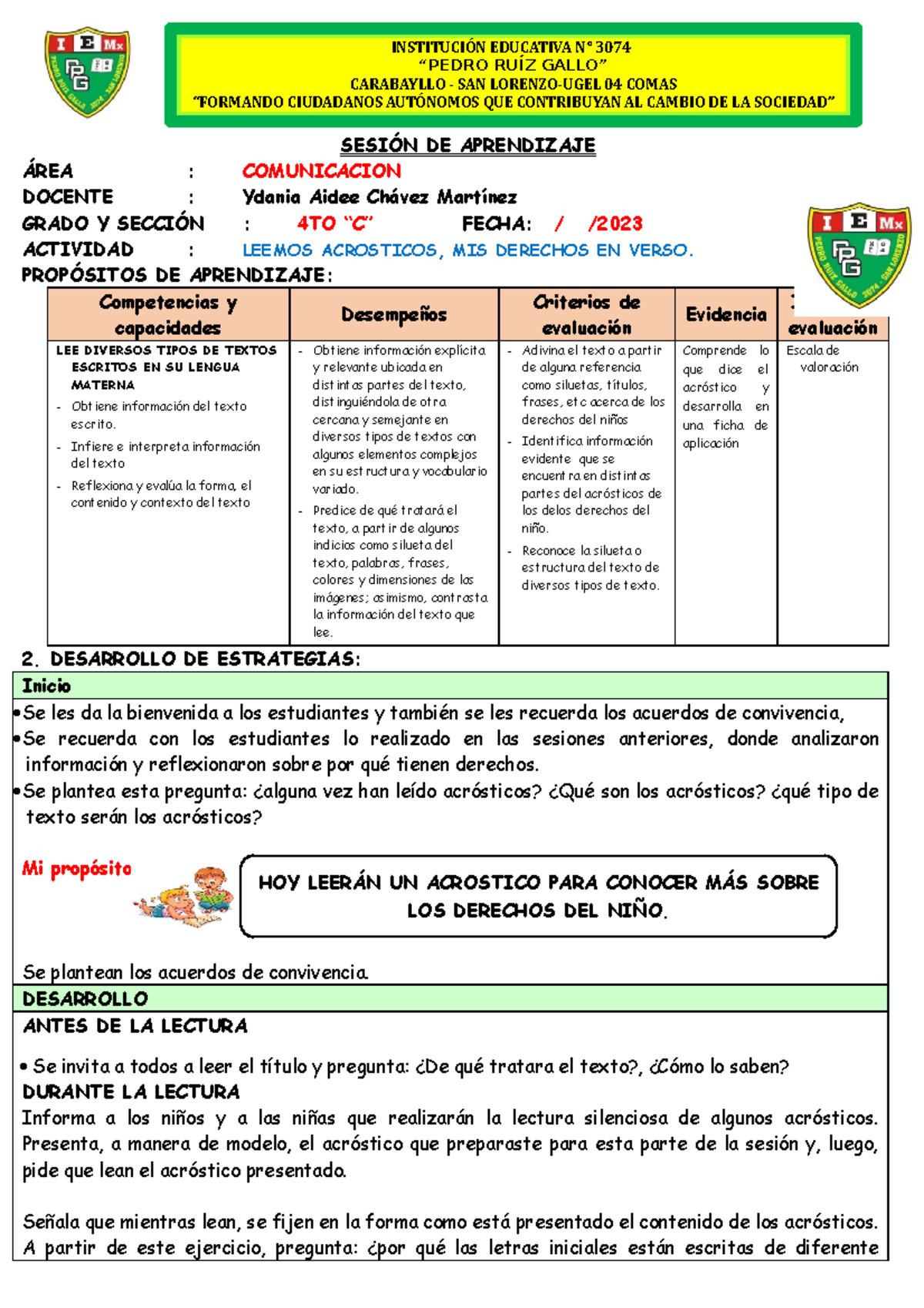 COM- Leemos Acrosticos - SESIÓN DE APRENDIZAJE ÁREA : COMUNICACION ...