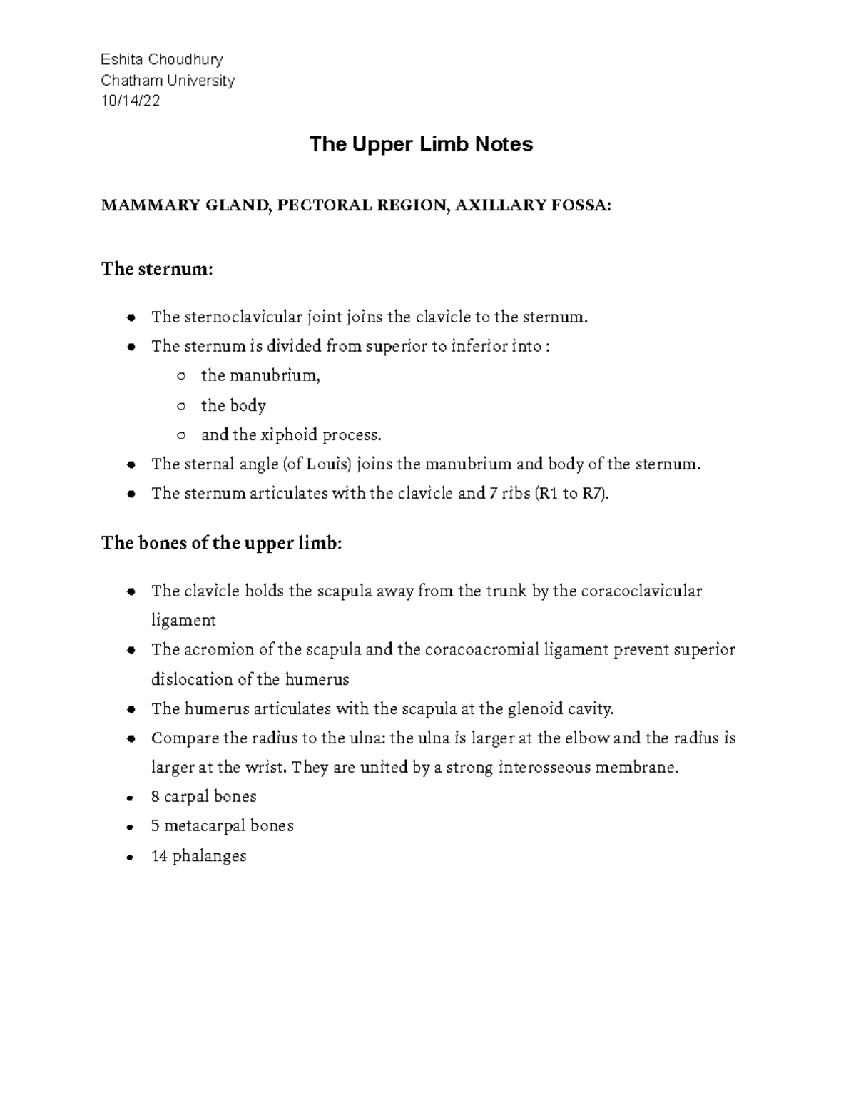 Anatomy Notes The Upper Limb - Chatham University 10/14/ The Upper Limb ...