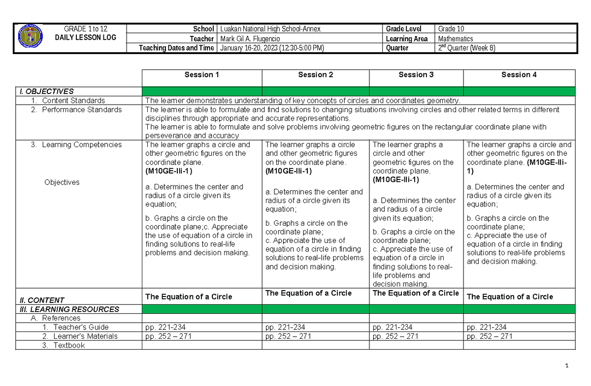 Lesson Plan in Math 10 - GRADE 1 to 12 DAILY LESSON LOG School Luakan ...
