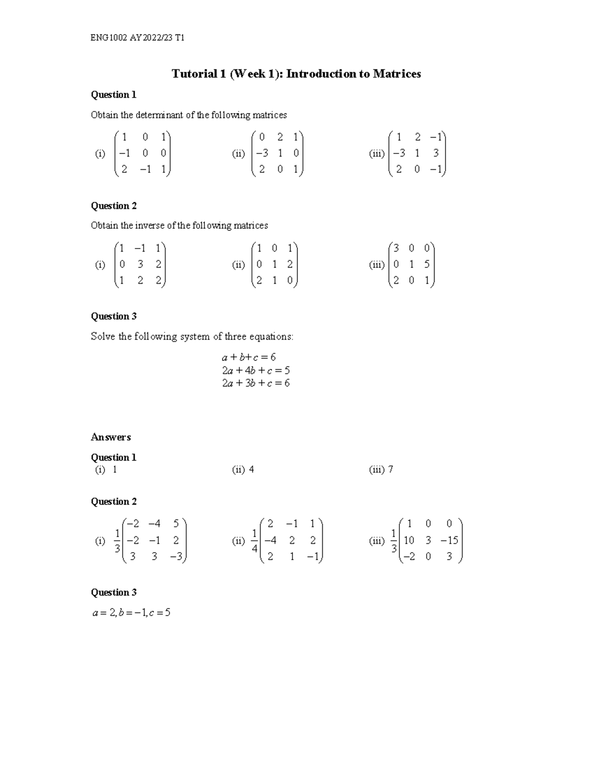 Week 1 Tutorial 1 Matrix Introduction Eng1002 Ay202223 T Tutorial 1