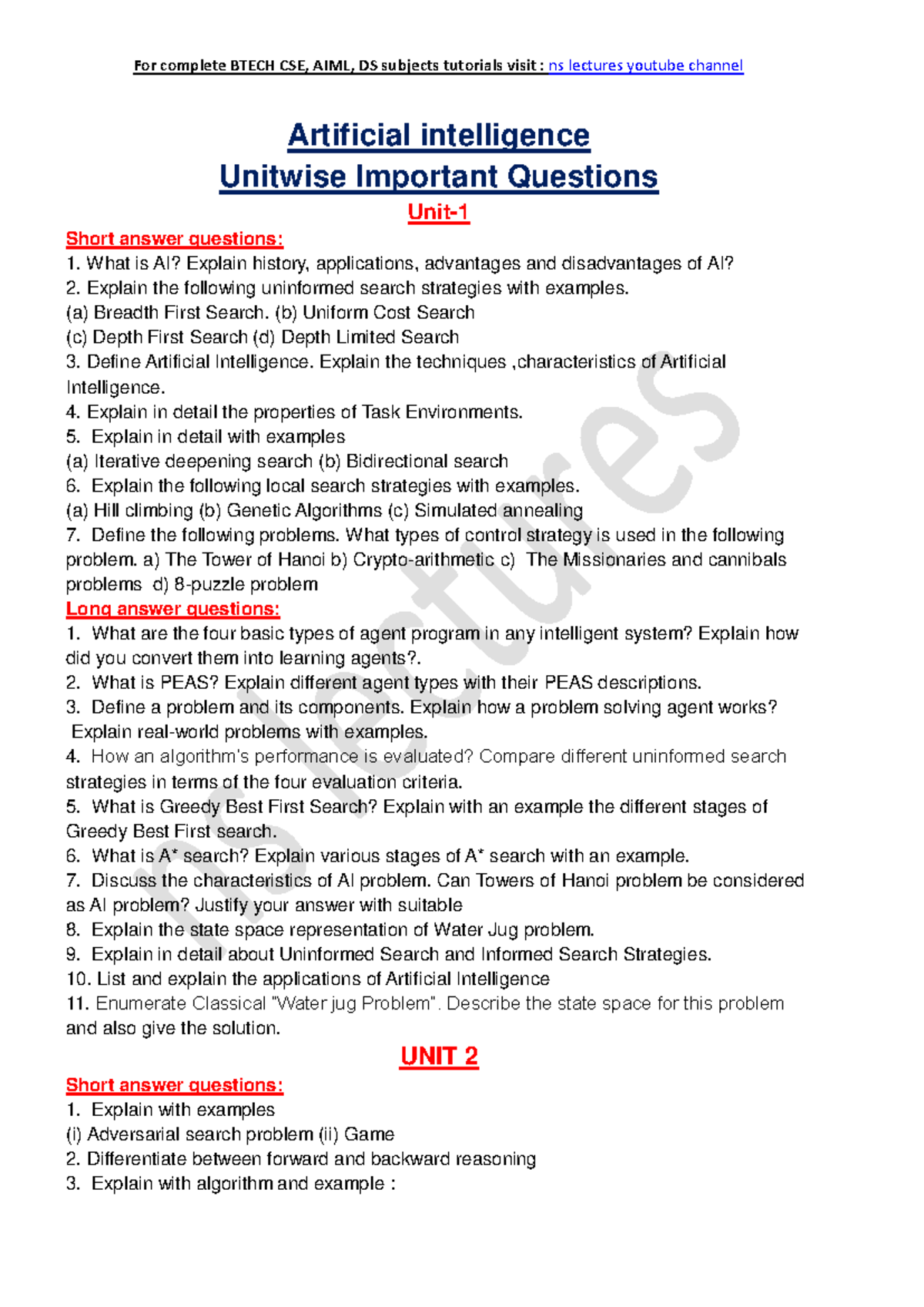 AI Unitwise imp questions - For complete BTECH CSE, AIML, DS subjects ...