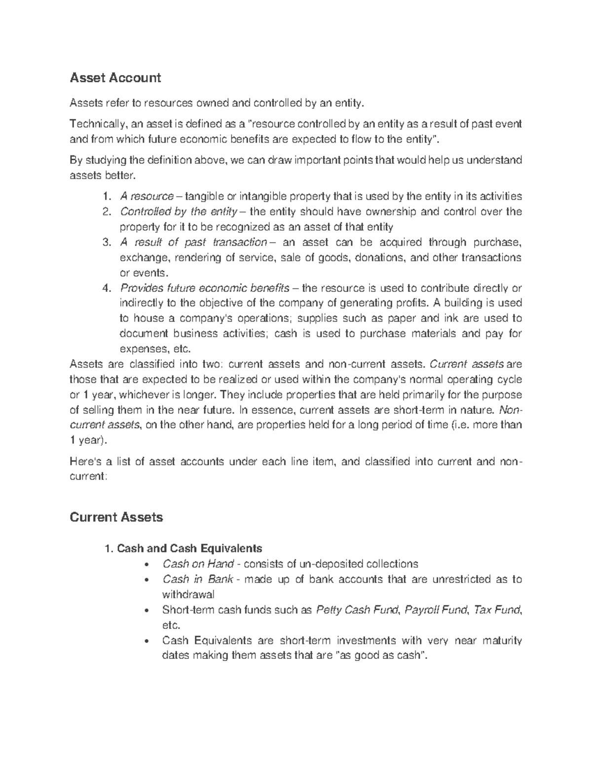 Asset Account - Lecture notes 1 - Asset Account Assets refer to ...