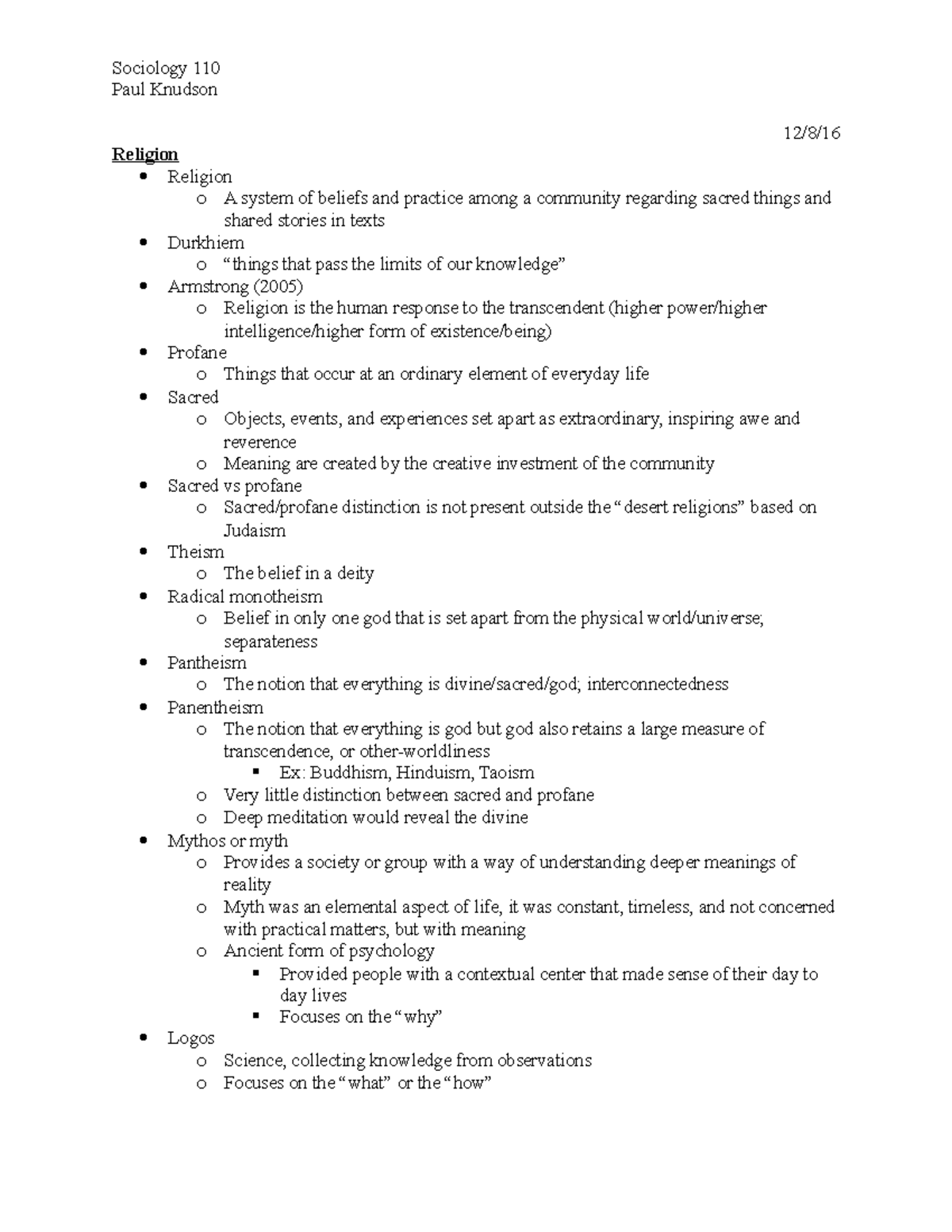 Lecture 16 - 12.8.16 - Sociology 110 Paul Knudson 12/8/16 Religion ...