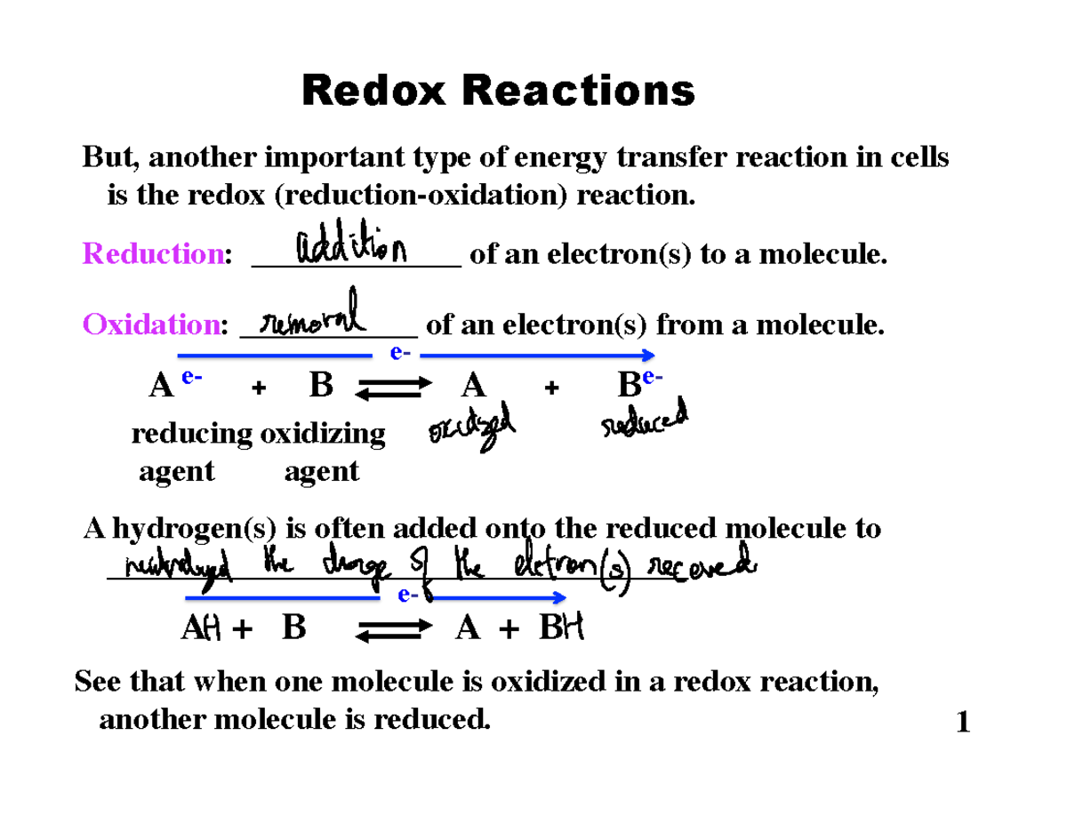 Dr. Smith Lecture 13 - Completed Notes - Redox Reactions But, another ...