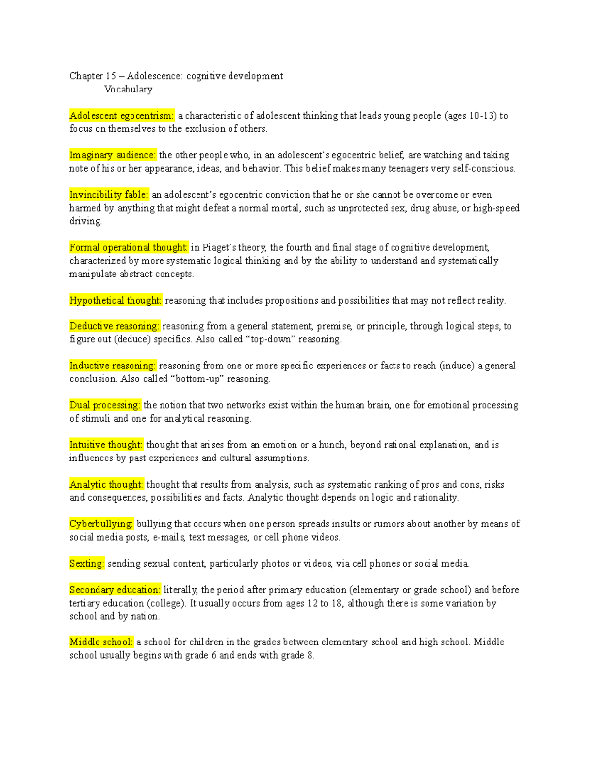 Chapter 15 PSY 215 - Chapter 15 – Adolescence: cognitive development ...