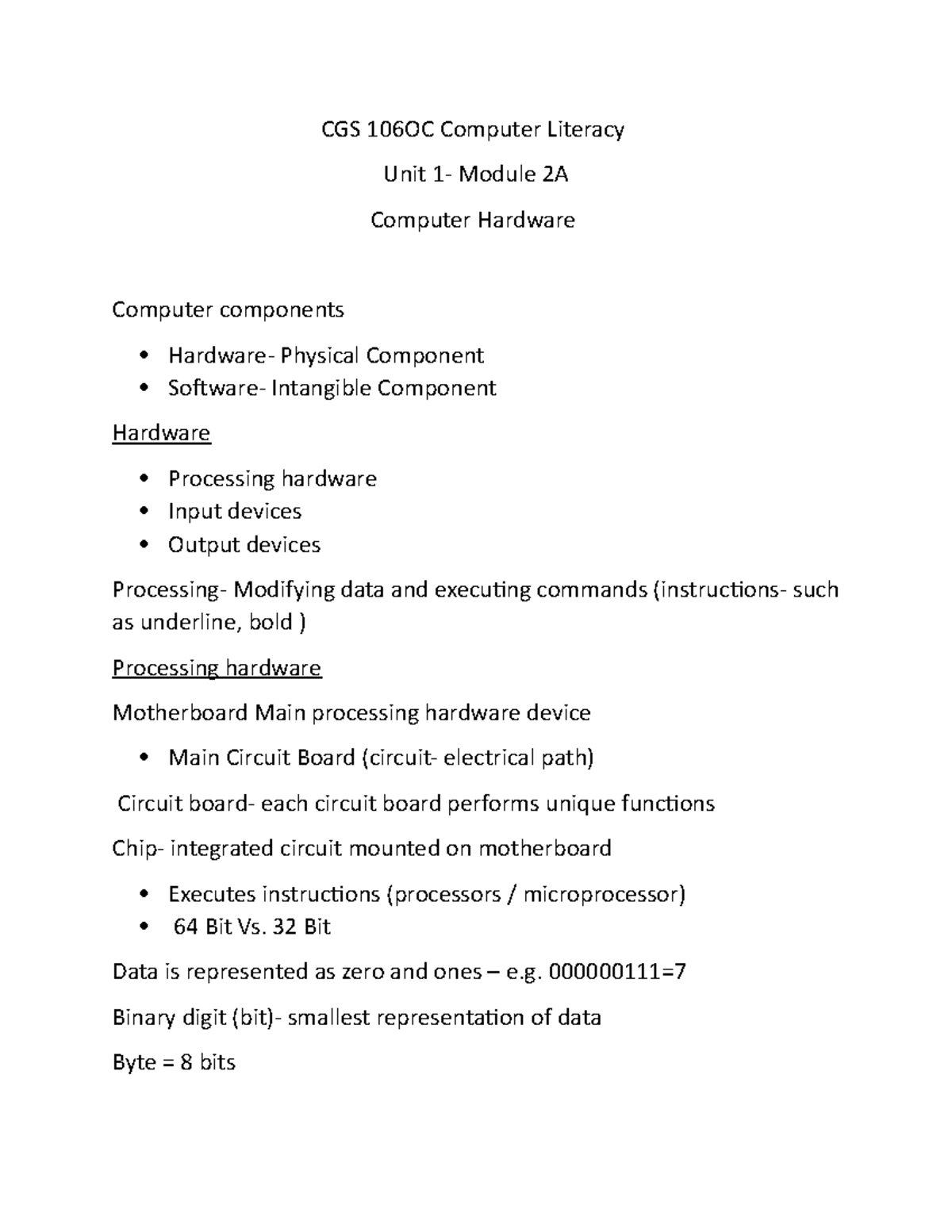 CGS1063 Module 2A Notes - CGS 106OC Computer Literacy Unit 1- Module 2A ...