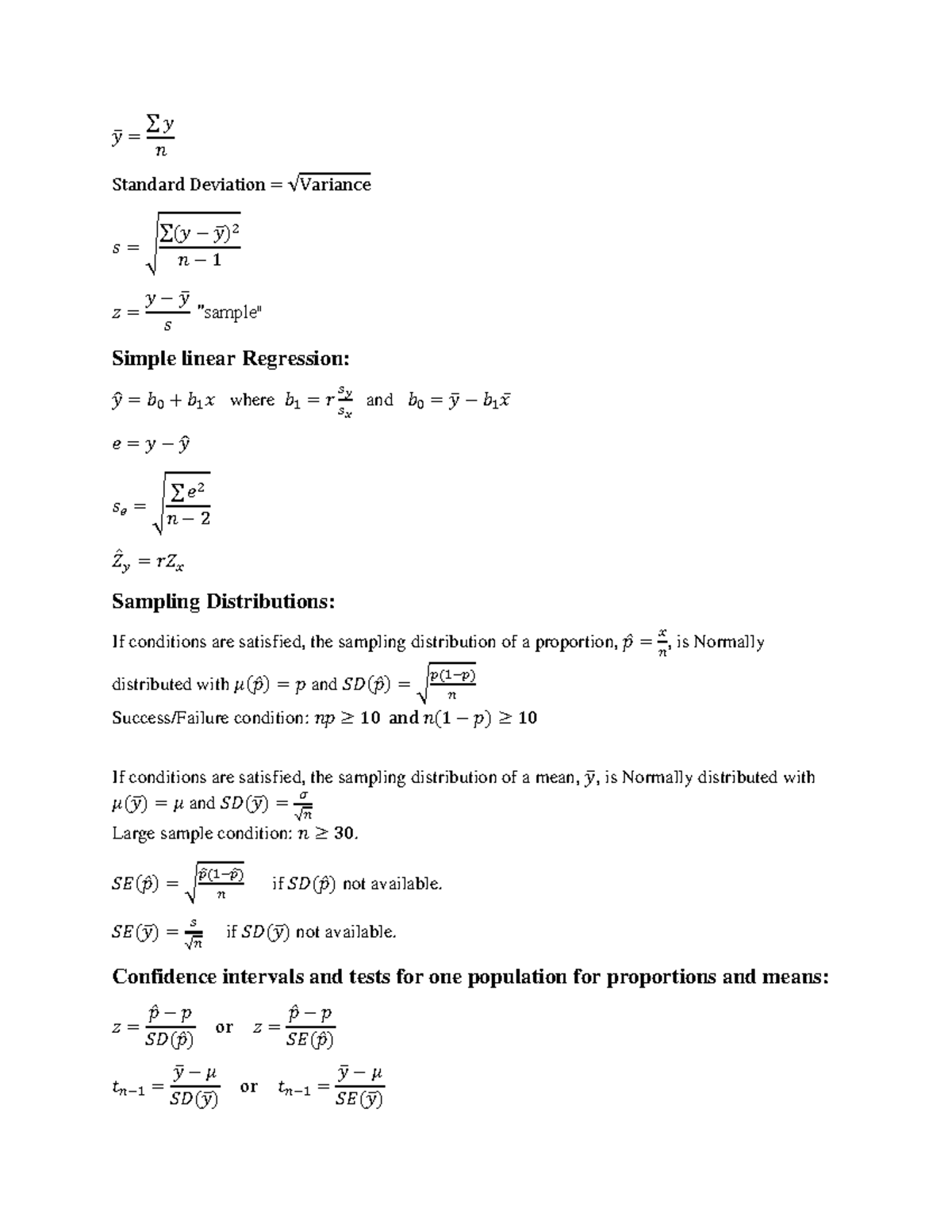 Formula sheet - 𝑦̅ = ∑ 𝑦 𝑛 Standard Deviation = √ Variance 𝑠 = √ ∑(𝑦 − ...