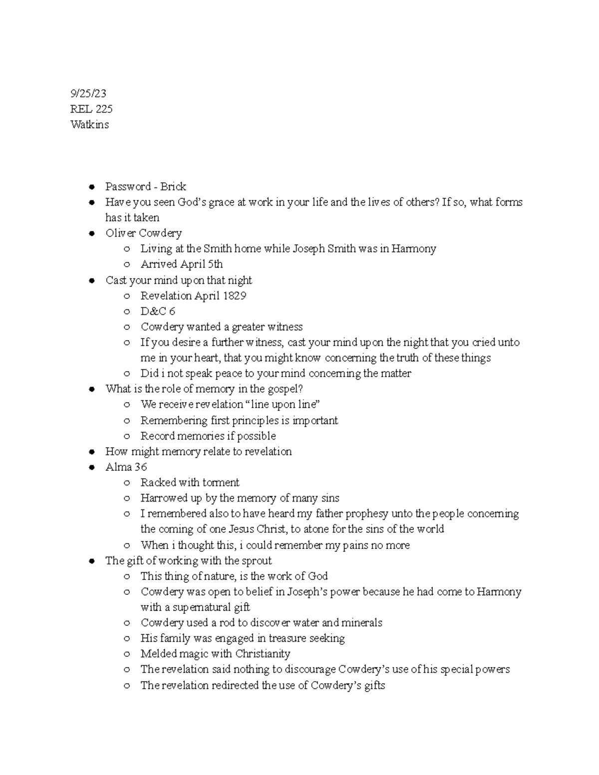 REL C 225 Lecture 9/25 - 9/25/ REL 225 Watkins Password - Brick Have ...