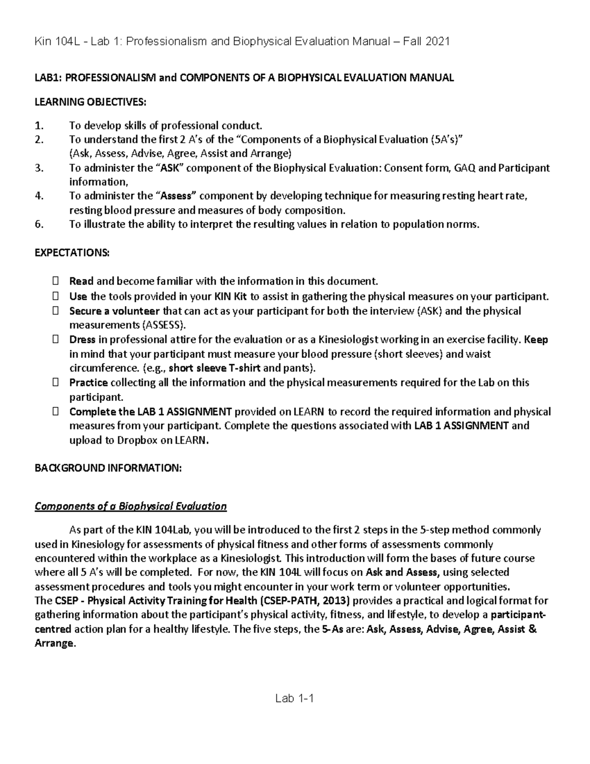 Lab 1 Biophysical Evaluation Manual 5 - LAB1: PROFESSIONALISM and COMPONENTS OF A BIOPHYSICAL ...