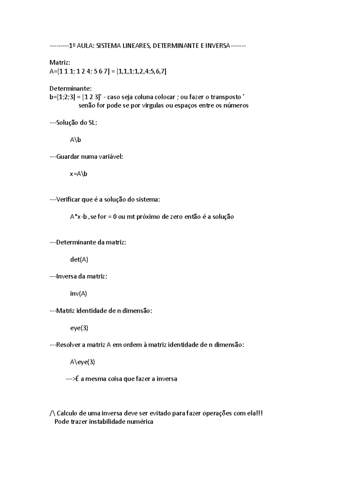 Comandos mnonl -1∫ AULA: SISTEMA LINEARES, DETERMINANTE E INVERSA ...