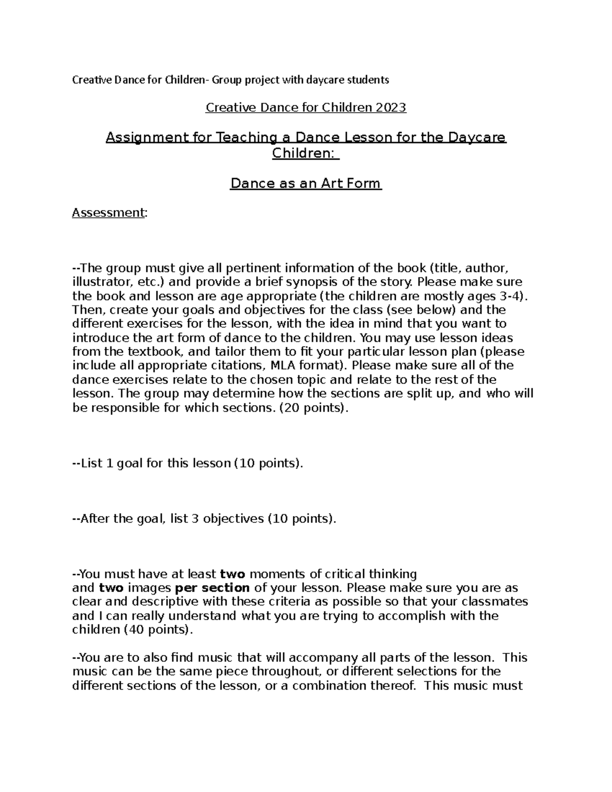 Creative Dance for Children group project - ) and provide a brief ...