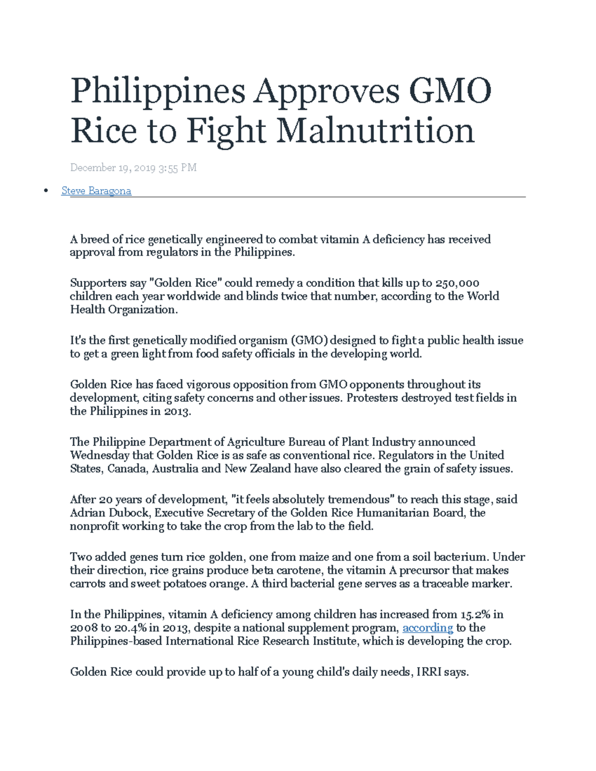 Philippines Approves GMO Rice to Fight Malnutrition - Philippines ...
