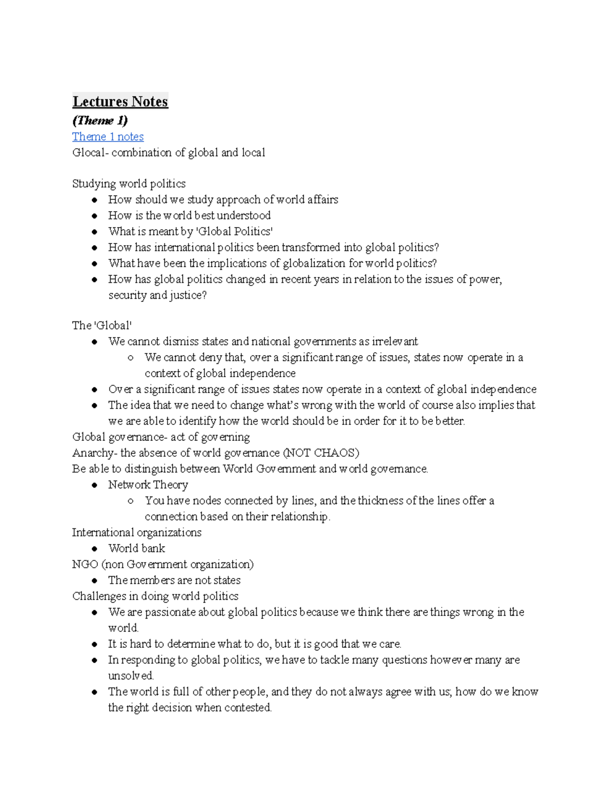(INR2001 ) EXAM 1 NOTE Compilation - Lectures Notes (Theme 1) Theme 1 ...