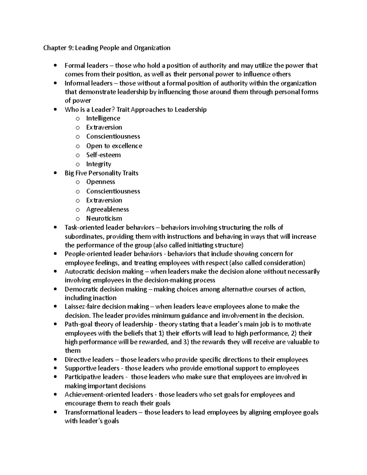 Module 10 Notes - Chapter 9: Leading People and Organization Formal ...