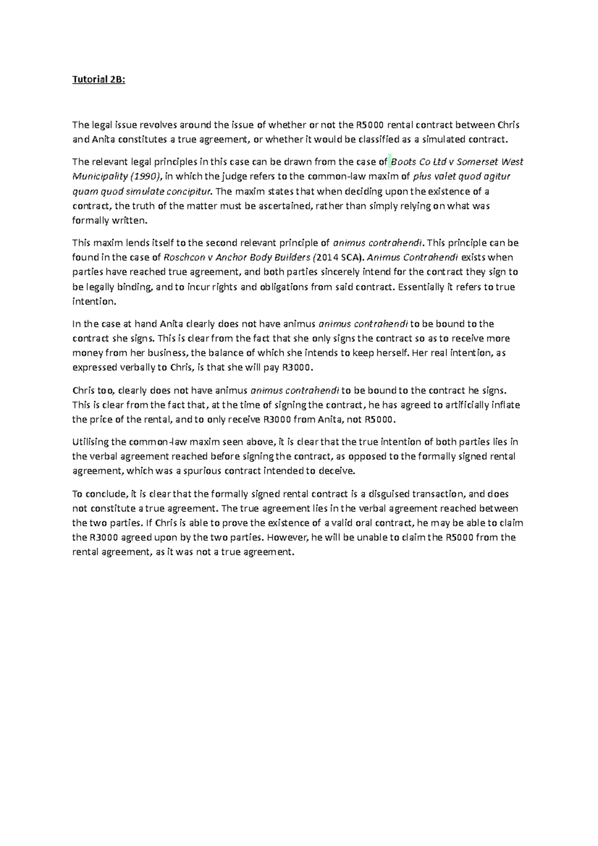 Tutorial 2B For Contract Law - Tutorial 2B: The legal issue revolves ...