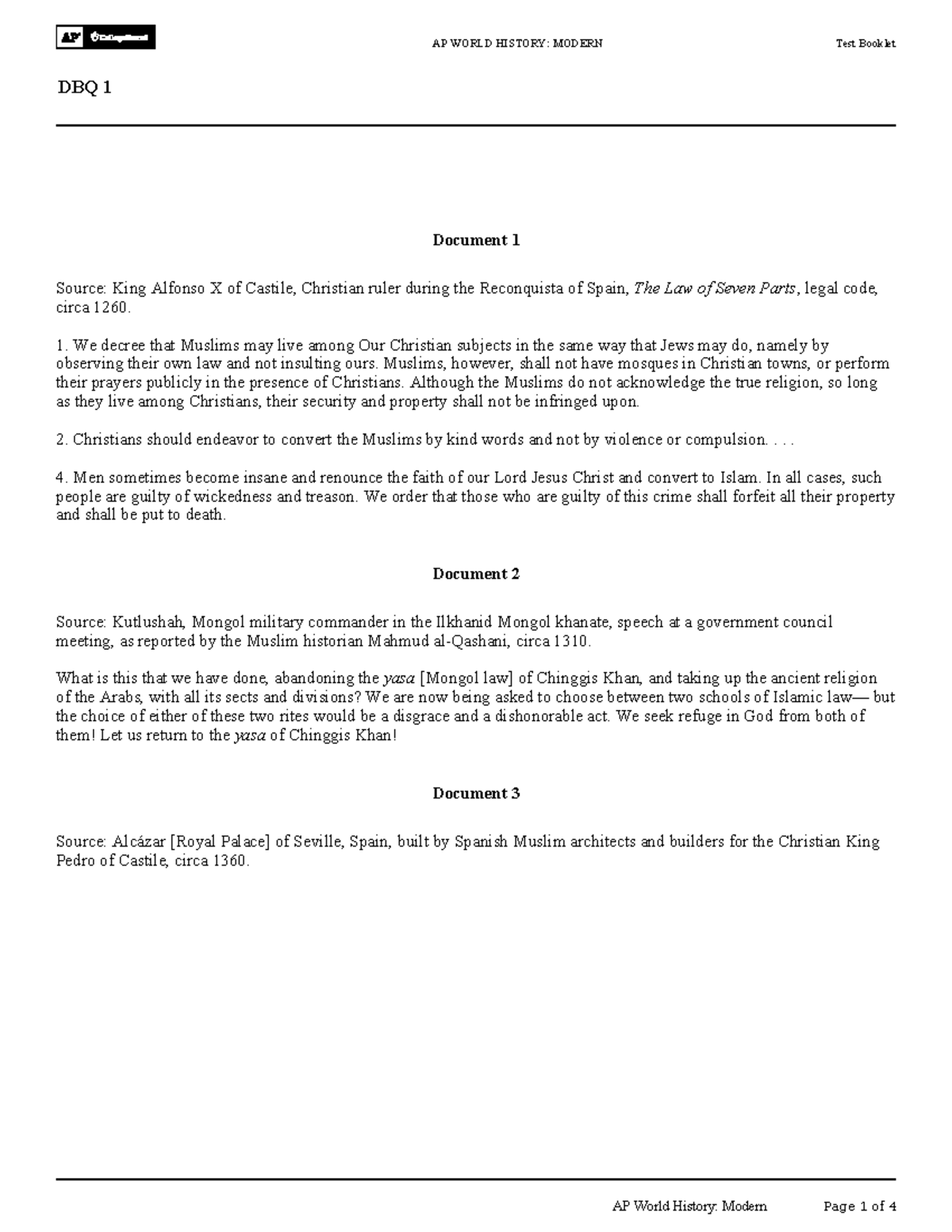 DBQ 1 - Yuh - Document 1 Source: King Alfonso X of Castile, Christian ...